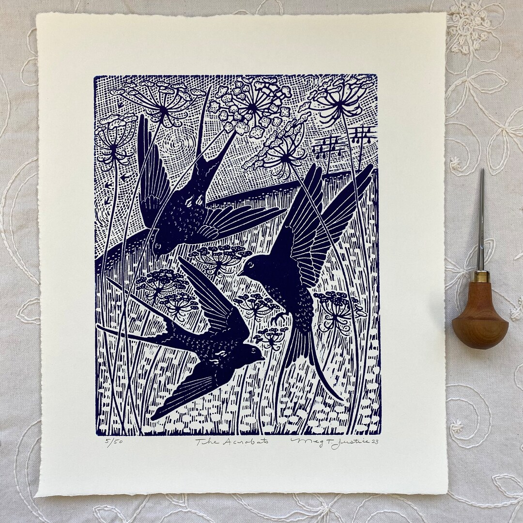 The Acrobats Linocut Print in Blue, Barn Swallow Art, Wall Art, Home ...