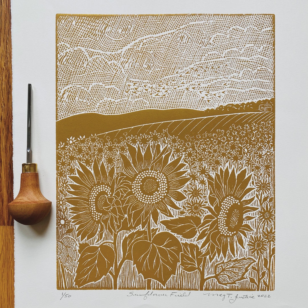 Sunflower Field Linocut Print in Yellow Ochre, Limited Edition Art ...