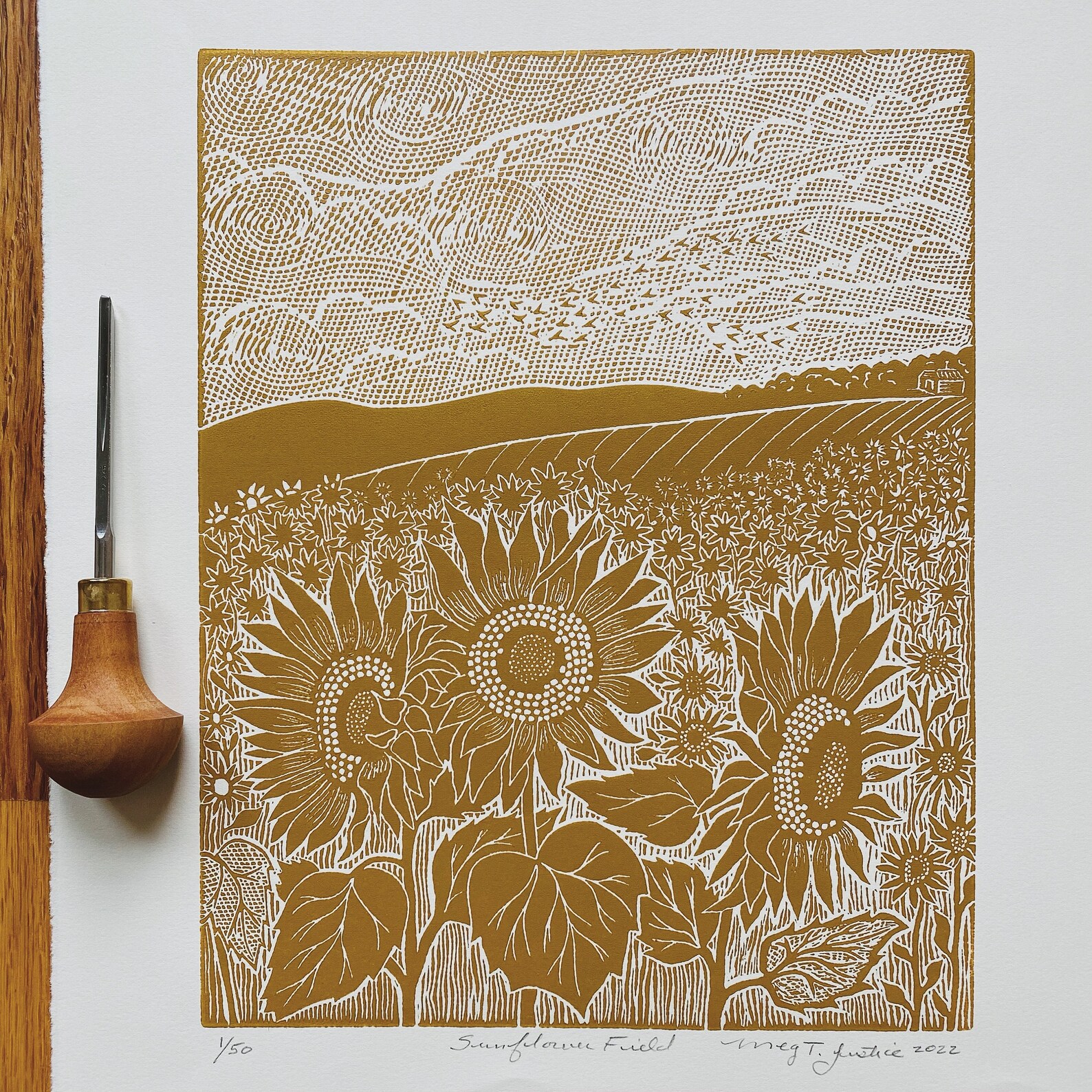 Sunflower Field Linocut Print in Yellow Ochre Limited Edition - Etsy