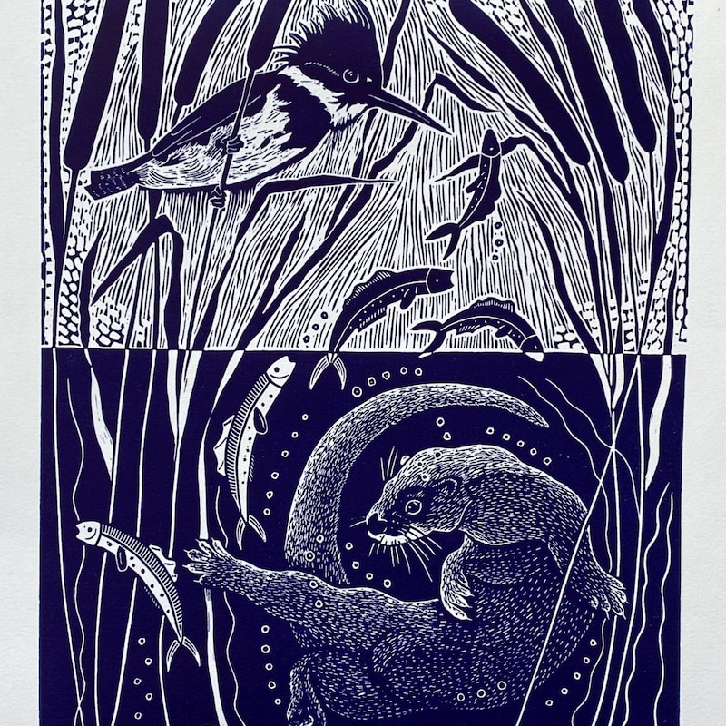 Kingfishers Linocut - Etsy