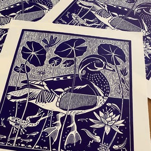 Woodduck Linocut in Blue, Duck Linocut, Bird Linocut,wild Waterbird Art ...