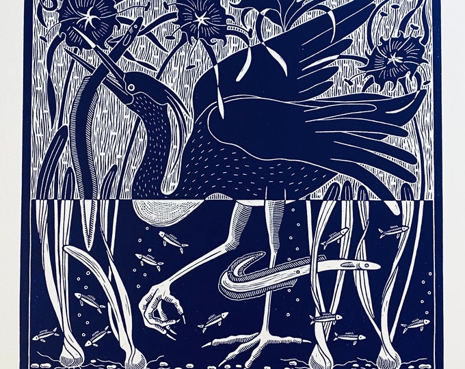 Heron in the Lilies Linocut Print in Blue,heron Linocut,bird Lino Print ...