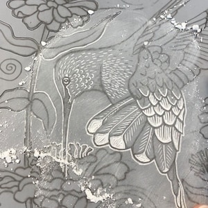 Hummingbird in the Zinnias Linocut in Blue,hummingbird Linoprint,bird ...