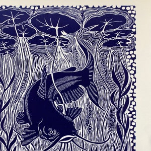 River Keeper Linocut in Blue,underwater River Life , Lino Print Nature ...