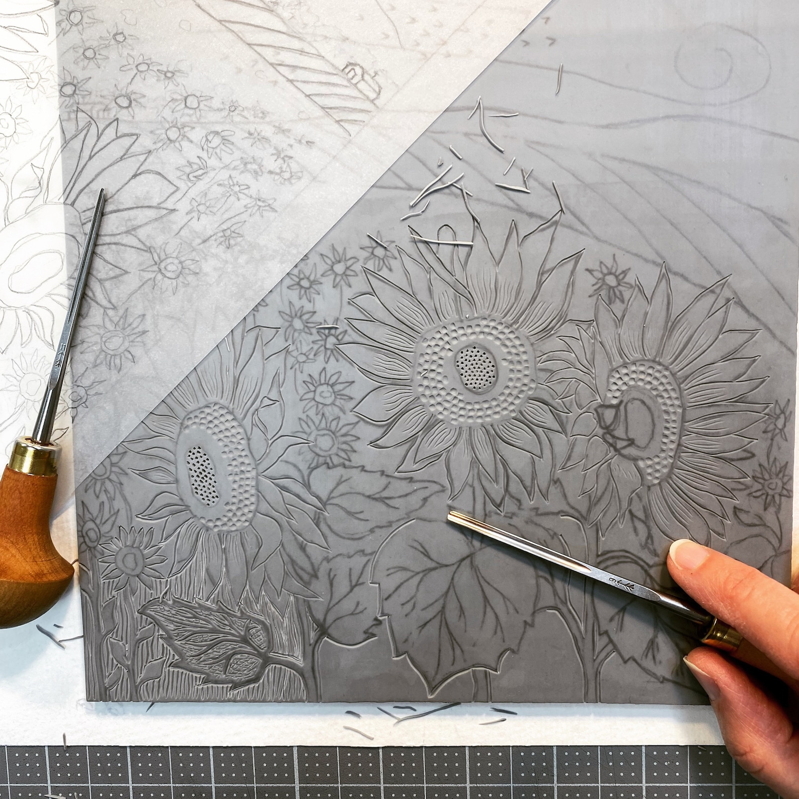 Sunflower Field Linocut Print in Yellow Ochre Limited Edition - Etsy