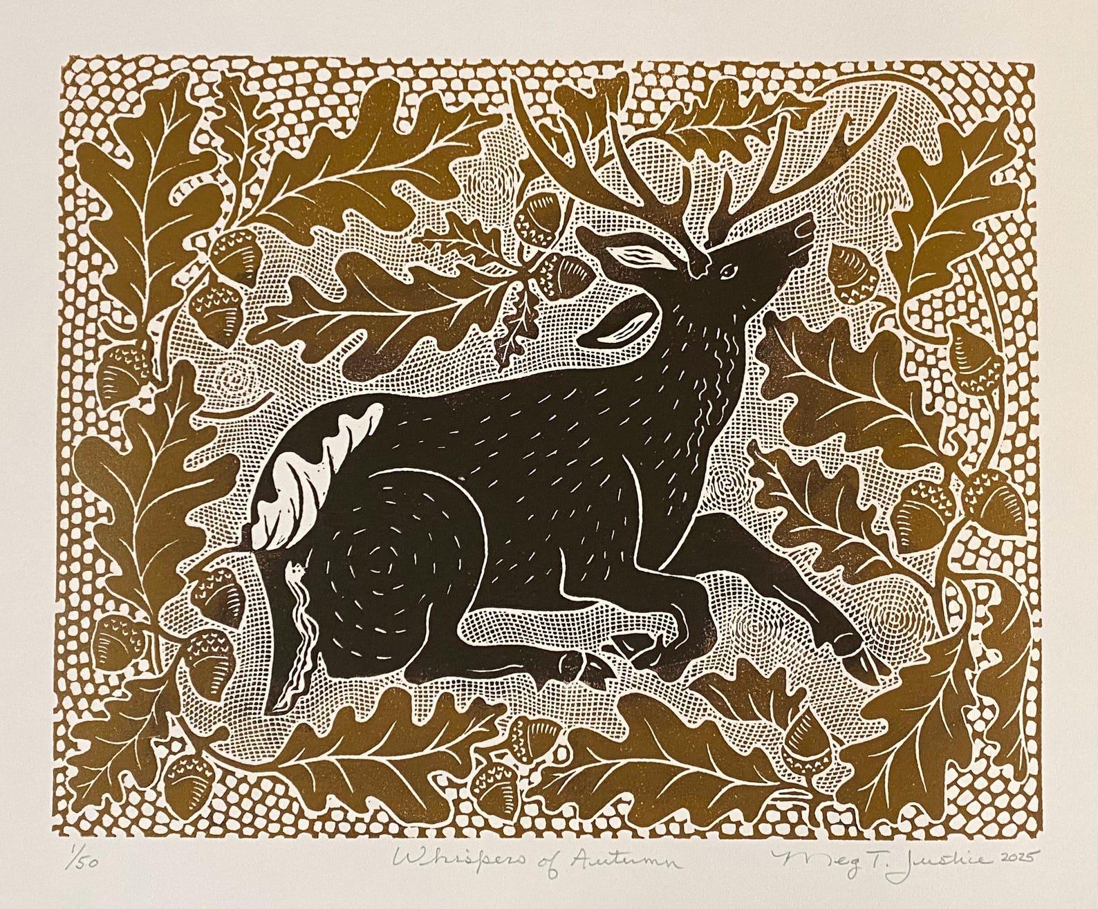 Whispers of Autumn Linocut in Yellow Ochre and Brown,woodland Deer and ...