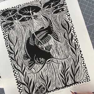 River Keeper Linocut in Black,underwater River Life , Lino Print Nature ...