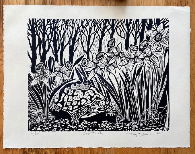 Box Turtle Linocut Print in Blue Forest Linocut Art - Etsy