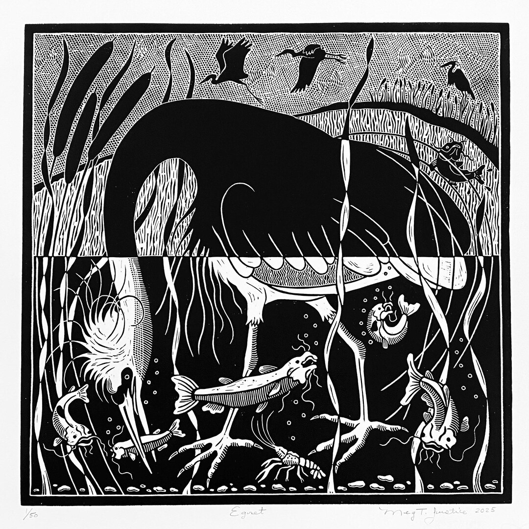 Egret in Black,egret Linocut Print,water Bird Linoprint,handcarved Bird ...
