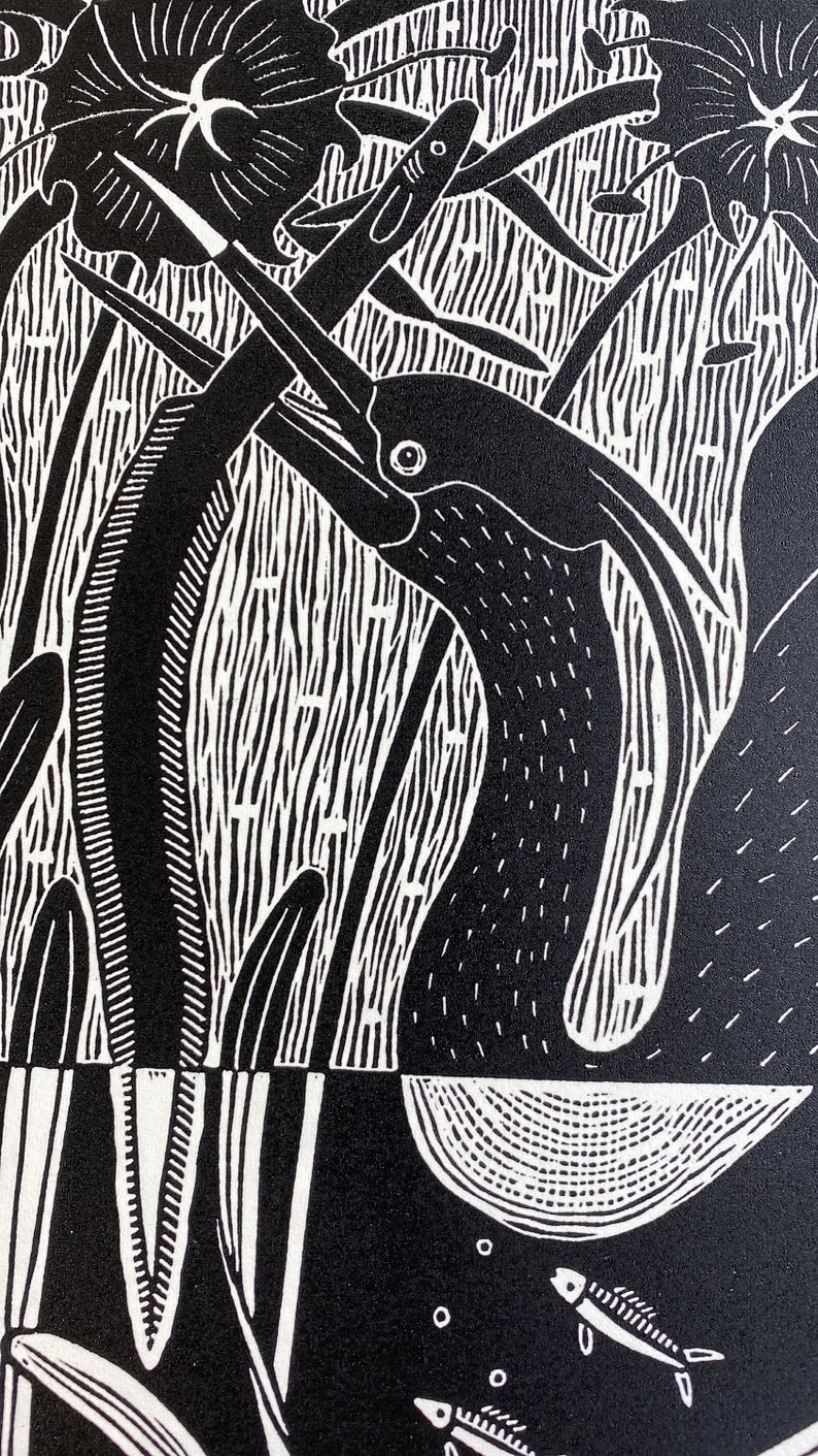 Heron in the Lilies Linocut Print, Black and White Waterbird Art, Heron ...