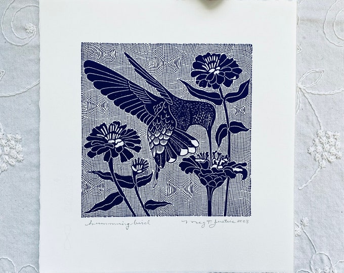 Hummingbird in the Zinnias Linocut in Blue,hummingbird Linoprint,bird ...