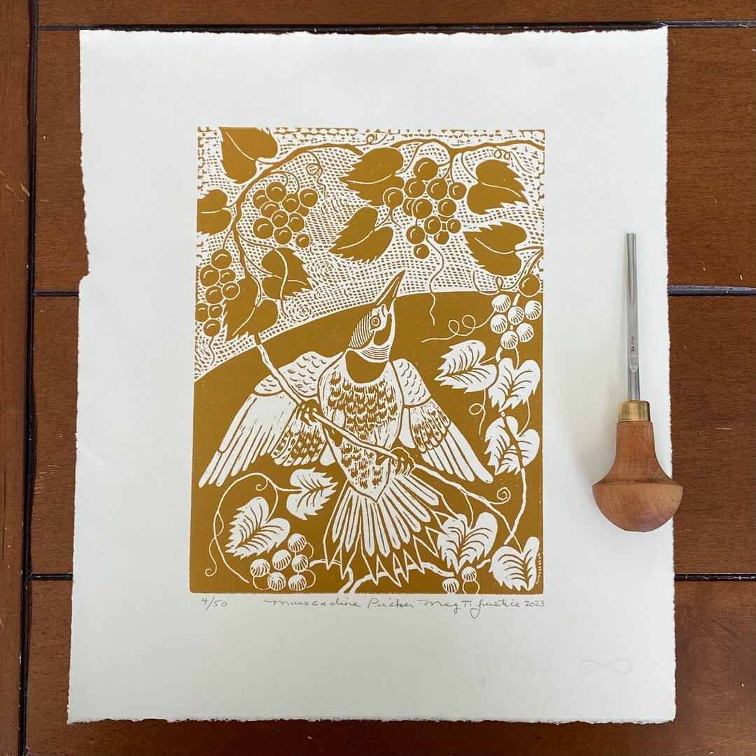 Muscadine Picker in Yellow Ochre, Bird Linocut, Northern Flicker, Bird ...
