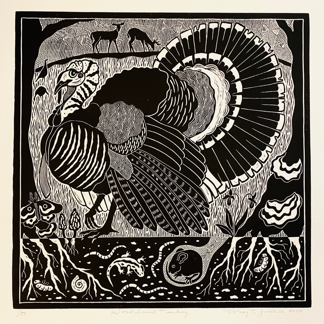 Woodland Turkey Linocut in Black,wild Turkey Blockprint,bird Art ...