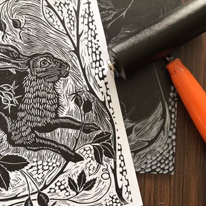 Linocutprint,escaping the Fox, Limited Edition Original Rabbit Art ...