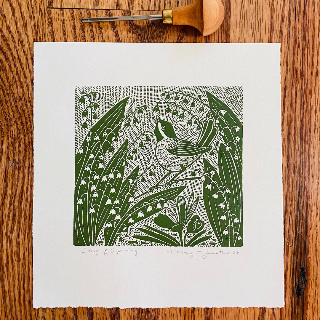 Song of Spring Linocut Green, Lily of the Valley Linoprint,birds ...
