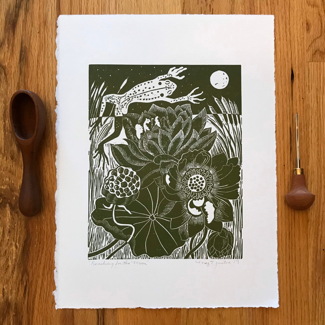 Reaching for the Moon Linocut Print Greenleaping Frog Over - Etsy