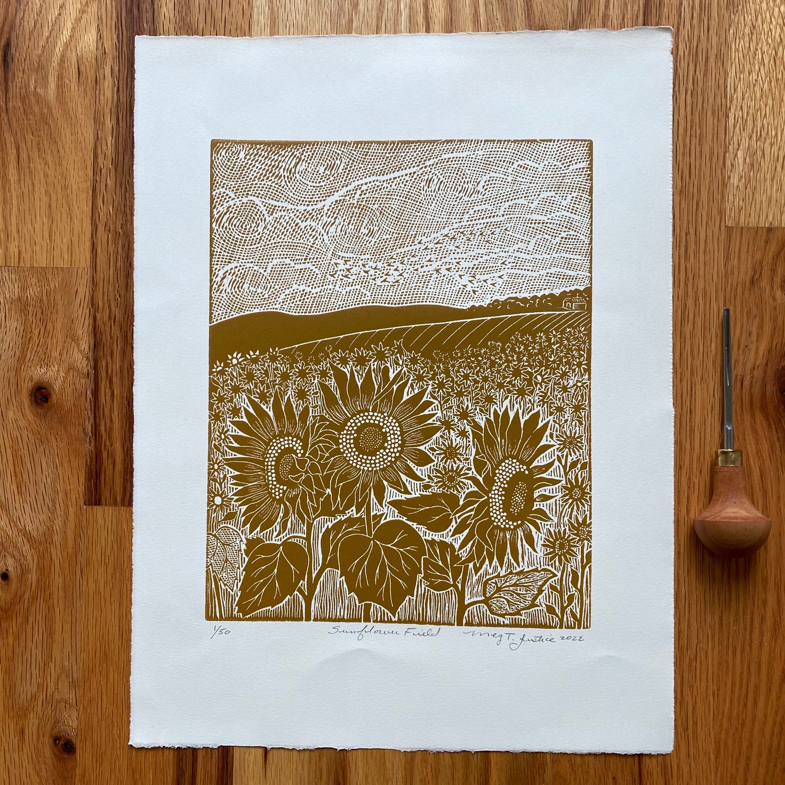Sunflower Field Linocut Print in Yellow Ochre Limited Edition - Etsy