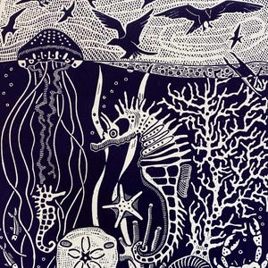 Under the Sea Blue Linocut Print,handprinted Block Print,ocean Lovers ...