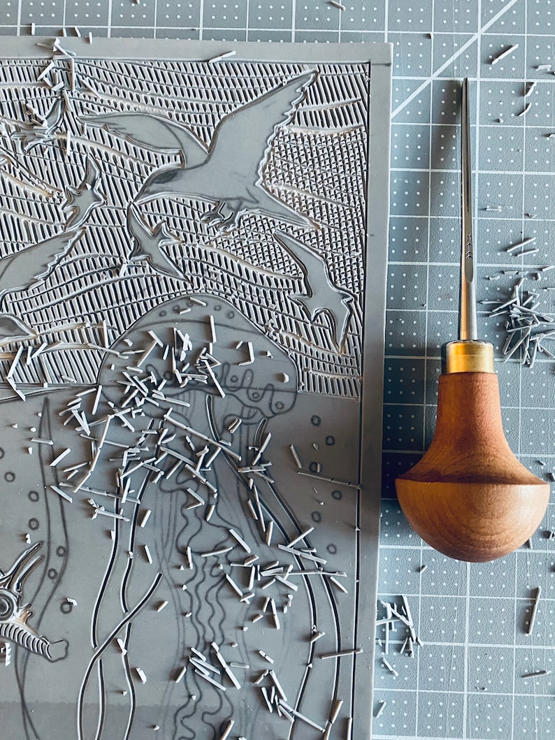 Under the Sea Blue Linocut Printhandprinted Block Printocean | Etsy