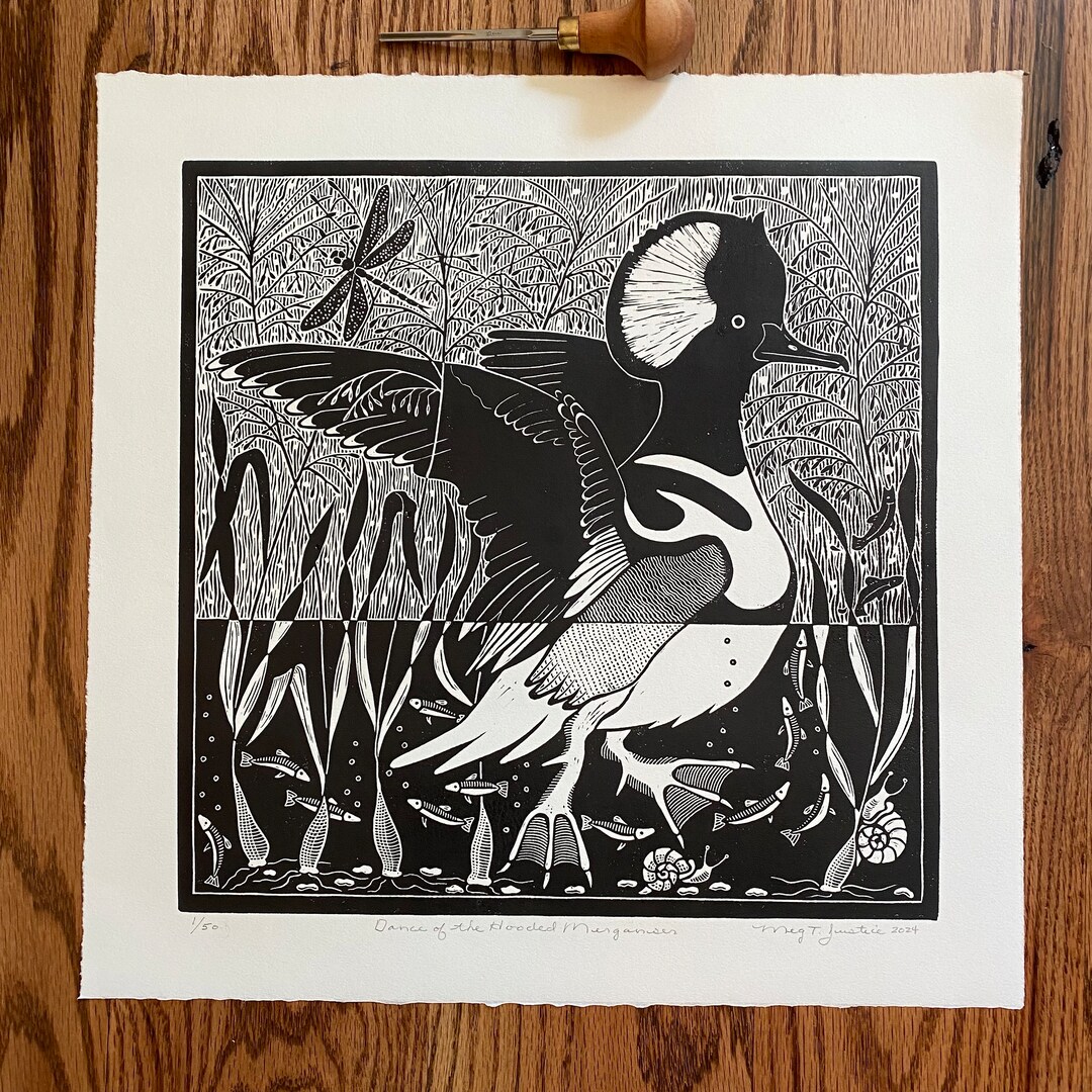 Dance of the Hooded Merganser Linocut in Black, Duck Linocut,bird ...