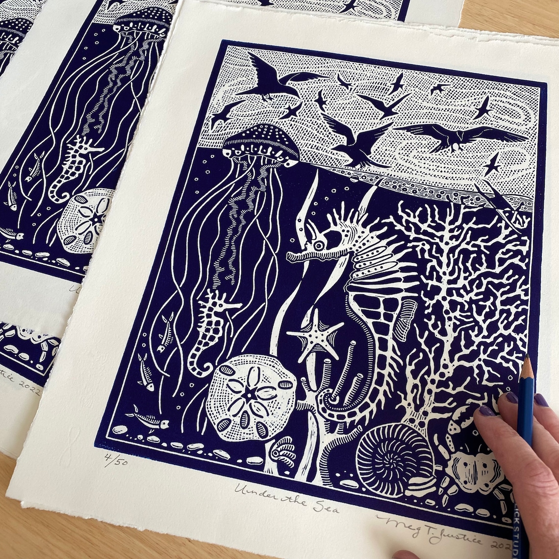 Under the Sea Blue Linocut Printhandprinted Block Printocean | Etsy