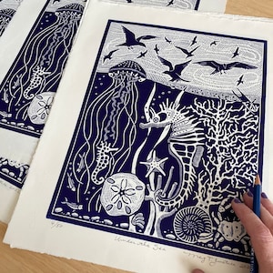 Under the Sea Blue Linocut Print,handprinted Block Print,ocean Lovers ...