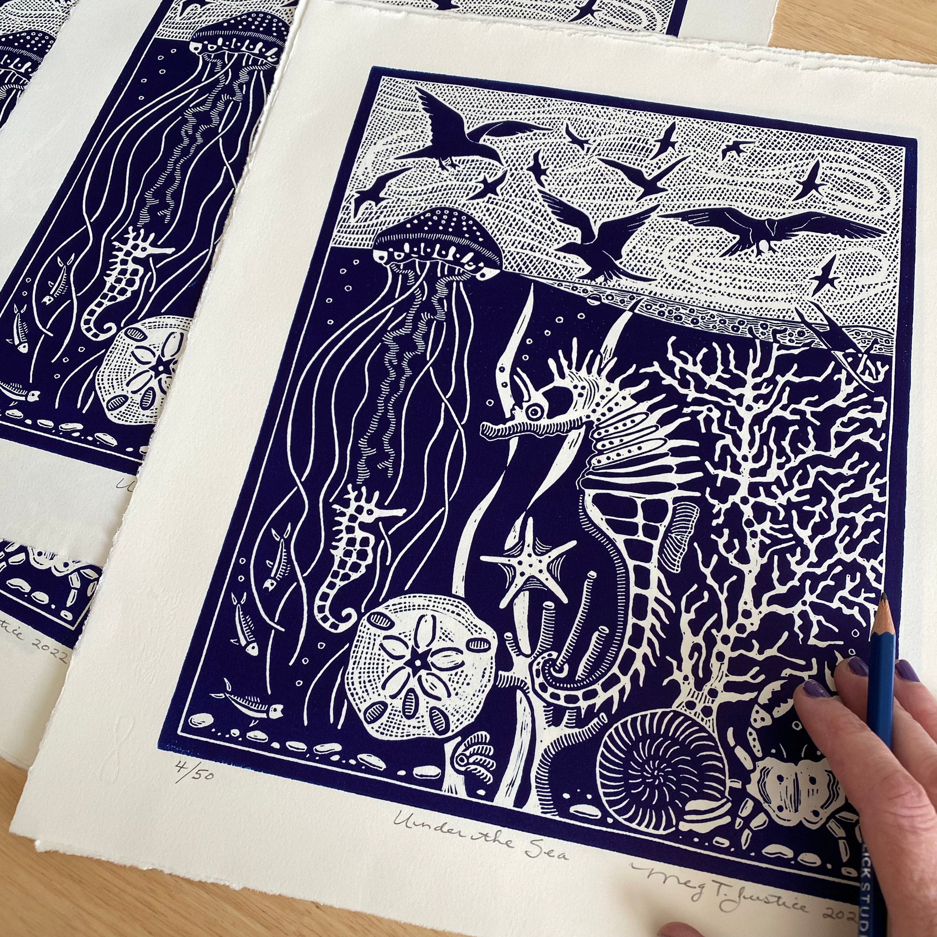 Under the Sea Blue Linocut Print,handprinted Block Print,ocean Lovers ...
