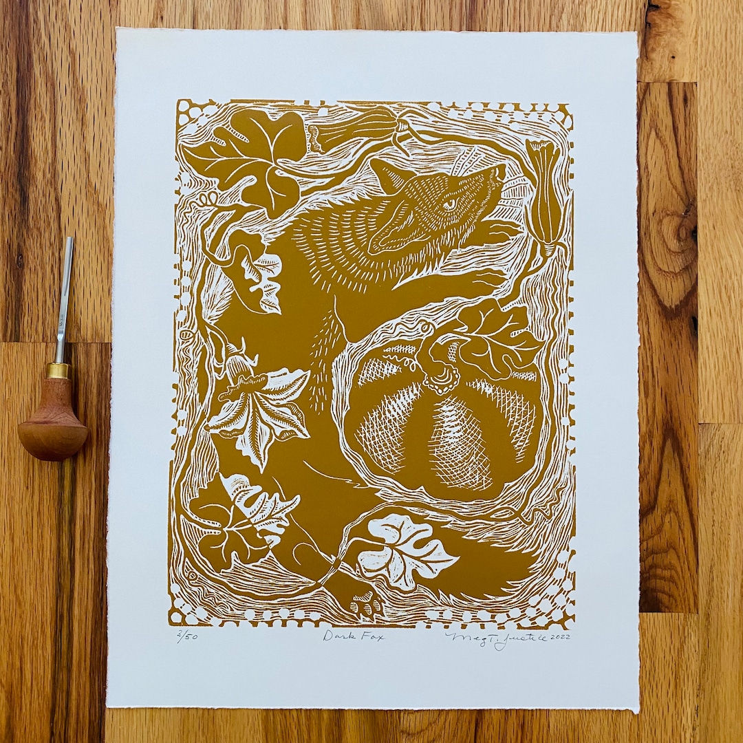 Darkfox Linocut Print in Yellow Ochre,fox in Pumpkin Patch,wildlife ...