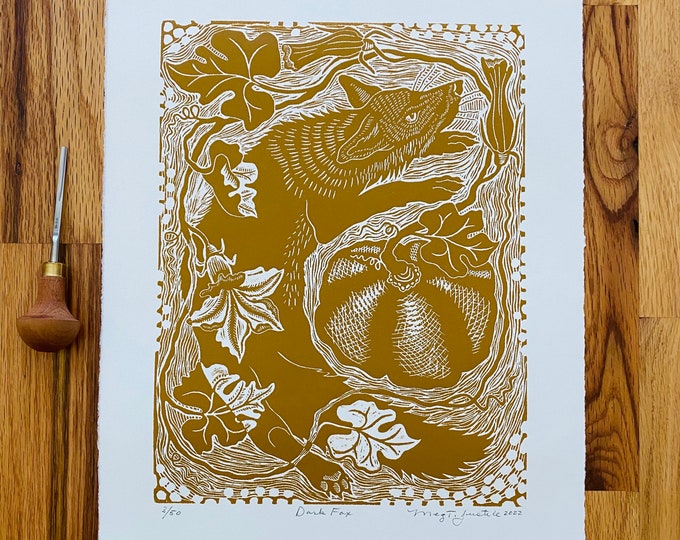Darkfox Linocut Print in Yellow Ochre,fox in Pumpkin Patch,wildlife ...