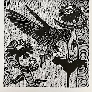Hummingbird in the Zinnias Linocut in Black,hummingbird Linoprint,bird ...