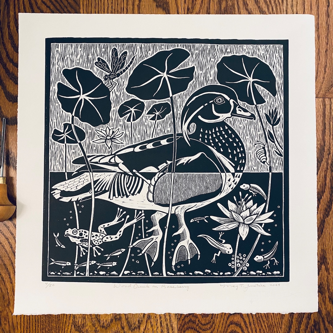 Woodduck Linocut in Black, Duck Linocut, Bird Linocut,wild Waterbird ...