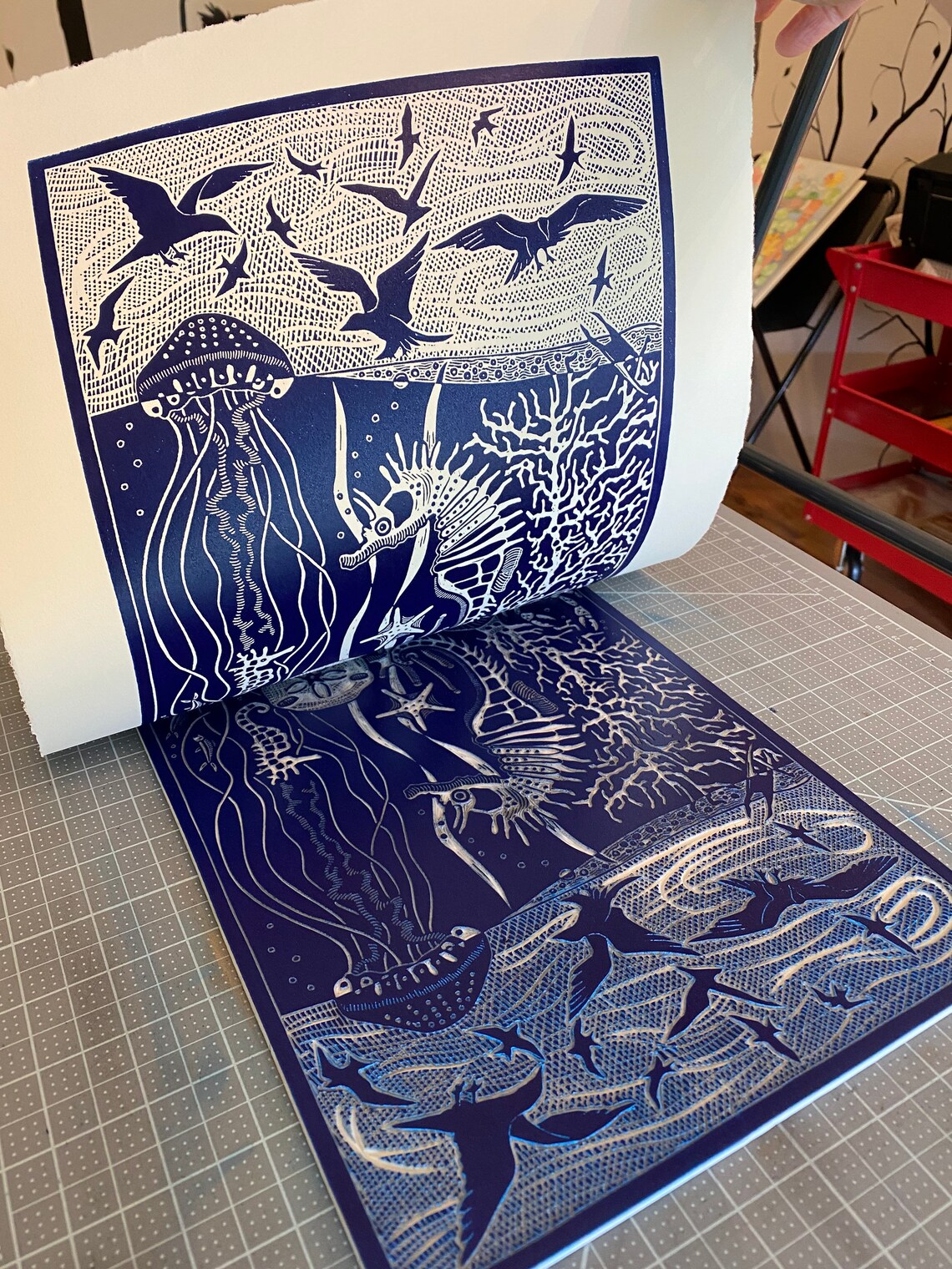 Under the Sea Blue Linocut Printhandprinted Block Printocean | Etsy