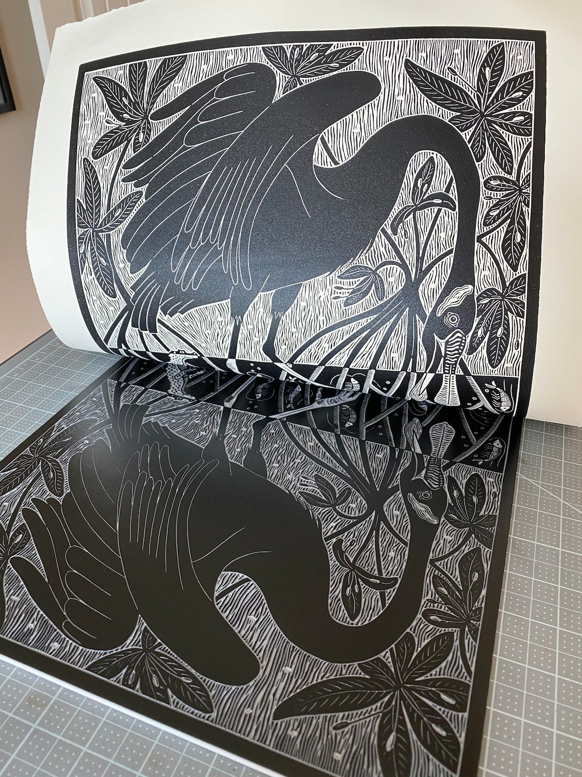 Spoonbill Linocut Print in Black and White, Mangrove Shore Bird Art ...