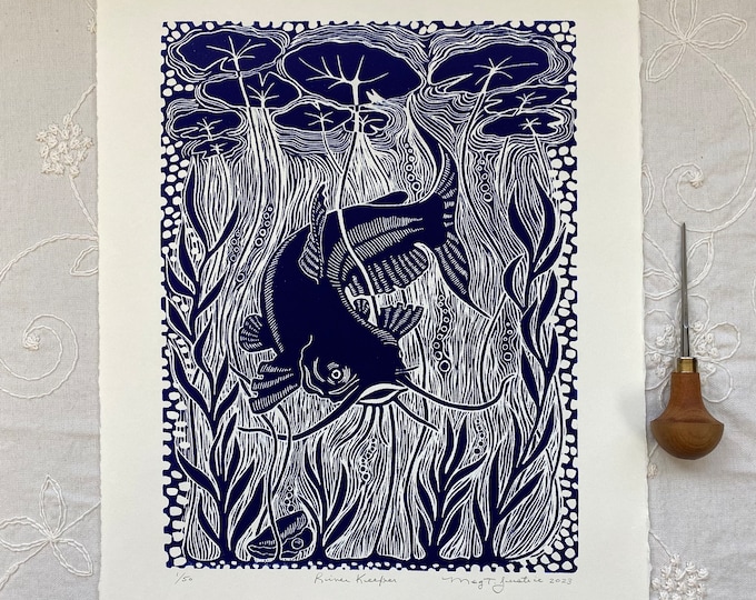 River Keeper Linocut in Blue,underwater River Life , Lino Print Nature ...