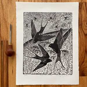 The Acrobats Linocut in Black,barn Swallow Blockprint,bird Lovers Gift,bird Linocut Print,bird ...