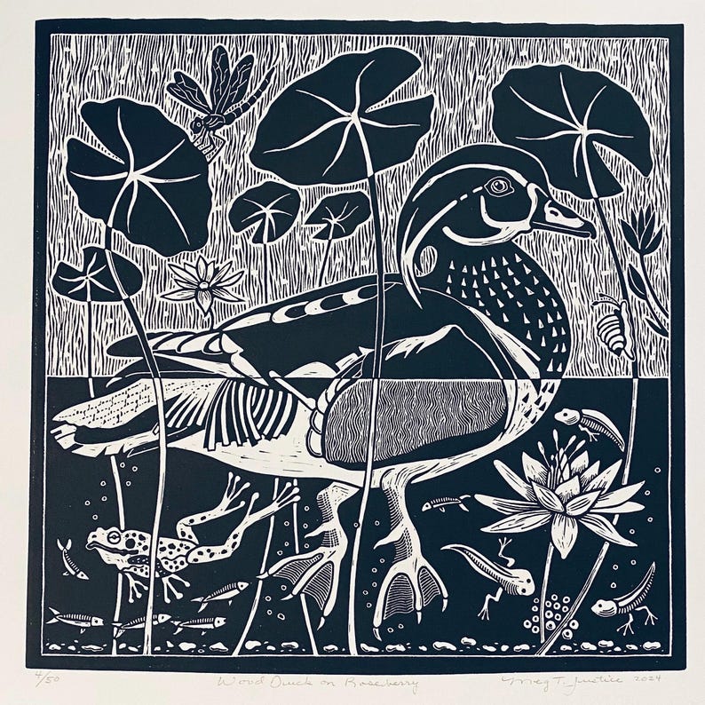 Woodduck Linocut in Black, Duck Linocut, Bird Linocut,wild Waterbird ...