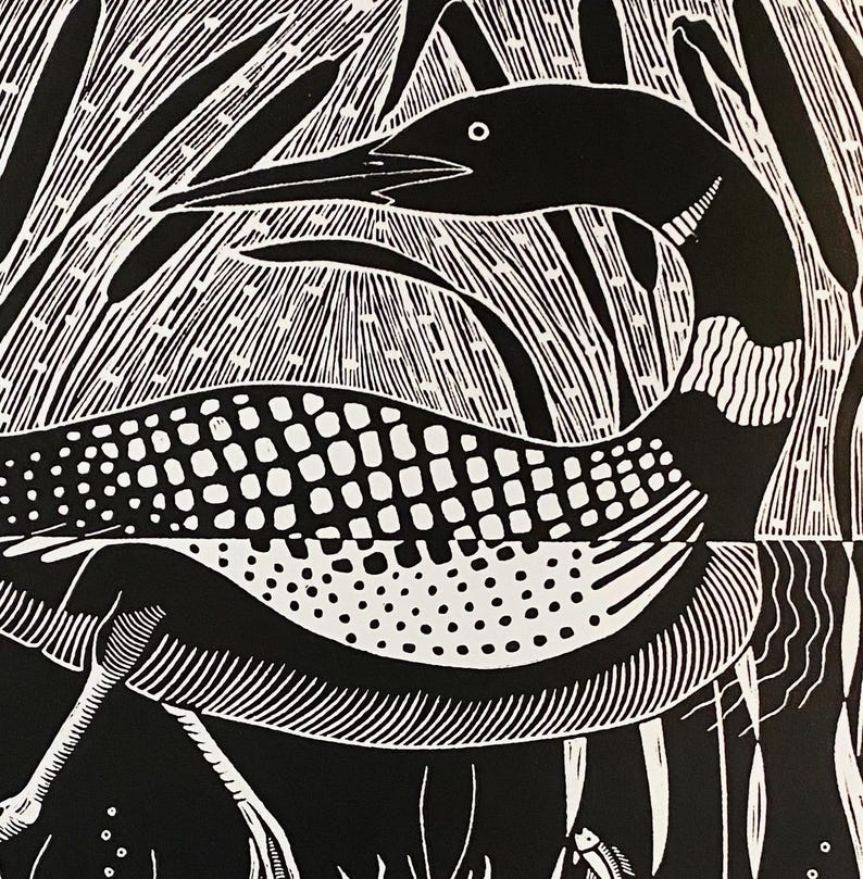 Loon in the Cattails Linocut in Black, Waterbird Blockprint,handcarved ...