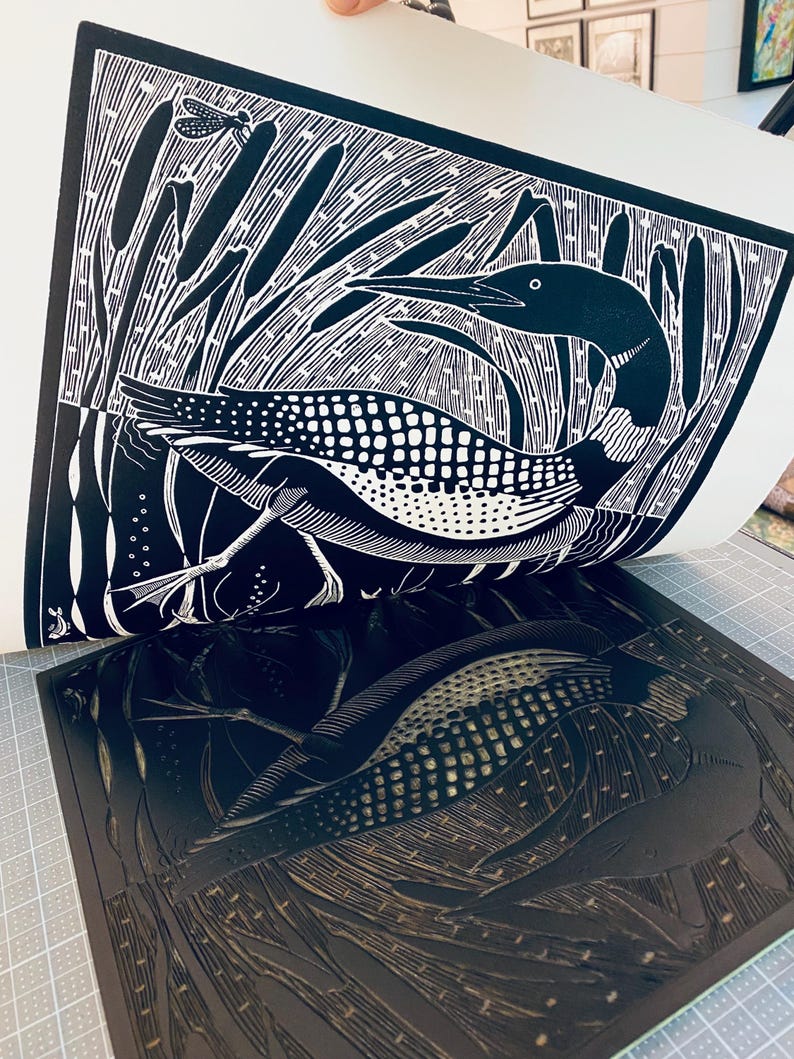 Loon in the Cattails Linocut in Black, Waterbird Blockprint,handcarved ...