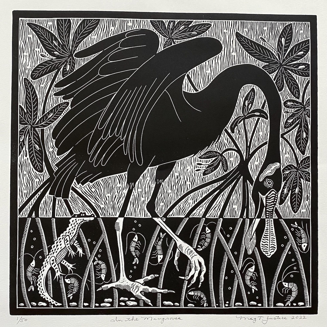 Spoonbill Linocut Print in Black and White, Mangrove Shore Bird Art ...