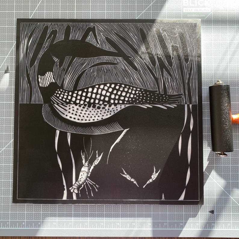 Loon in the Cattails Linocut in Black, Waterbird Blockprint,handcarved ...
