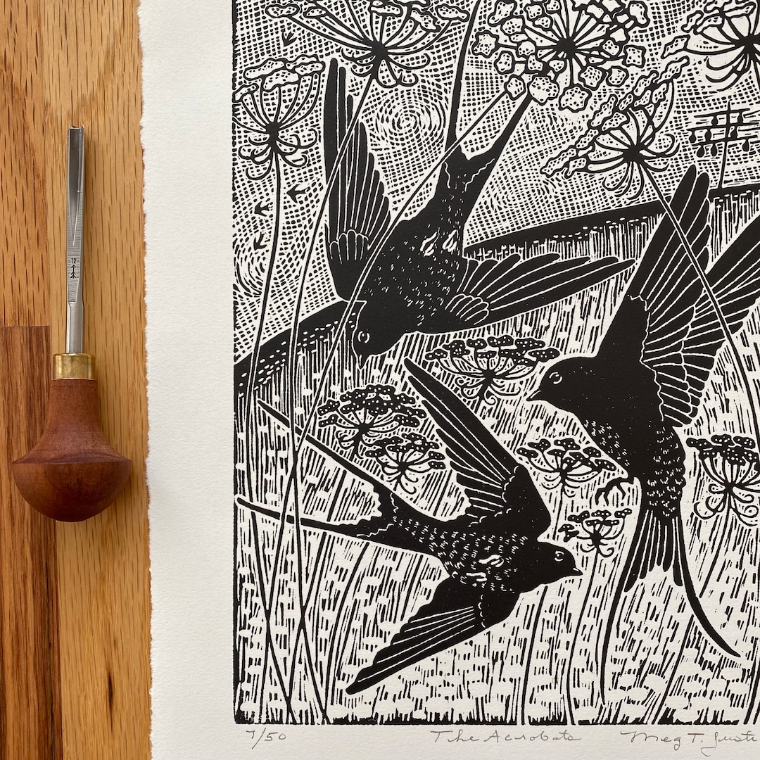The Acrobats Linocut in Black,barn Swallow Blockprint,bird Lovers Gift,bird Linocut Print,bird ...
