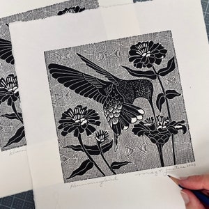 Hummingbird in the Zinnias Linocut in Black,hummingbird Linoprint,bird ...