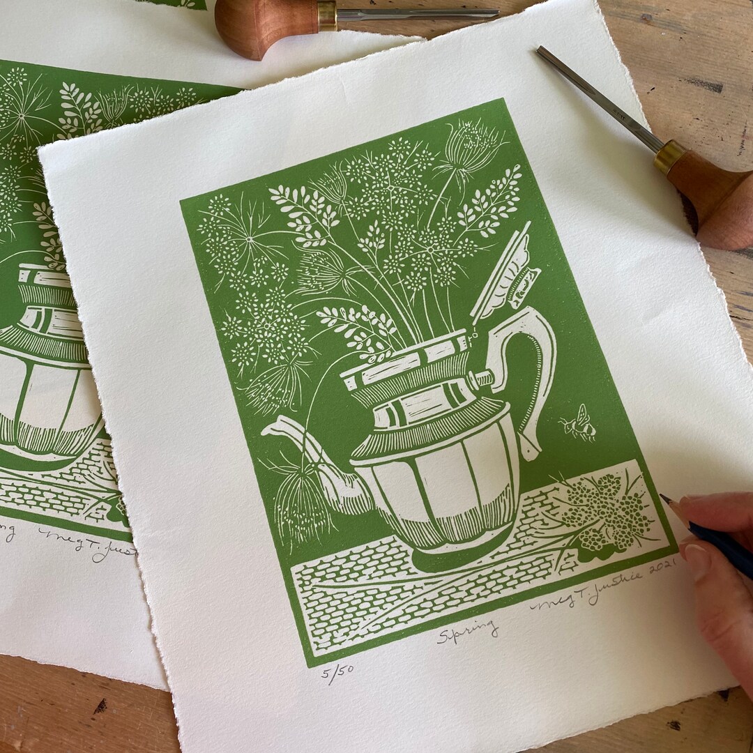 Spring, Floral Linocut Print, Spring Green,vintage Coffee Pot,queen ...