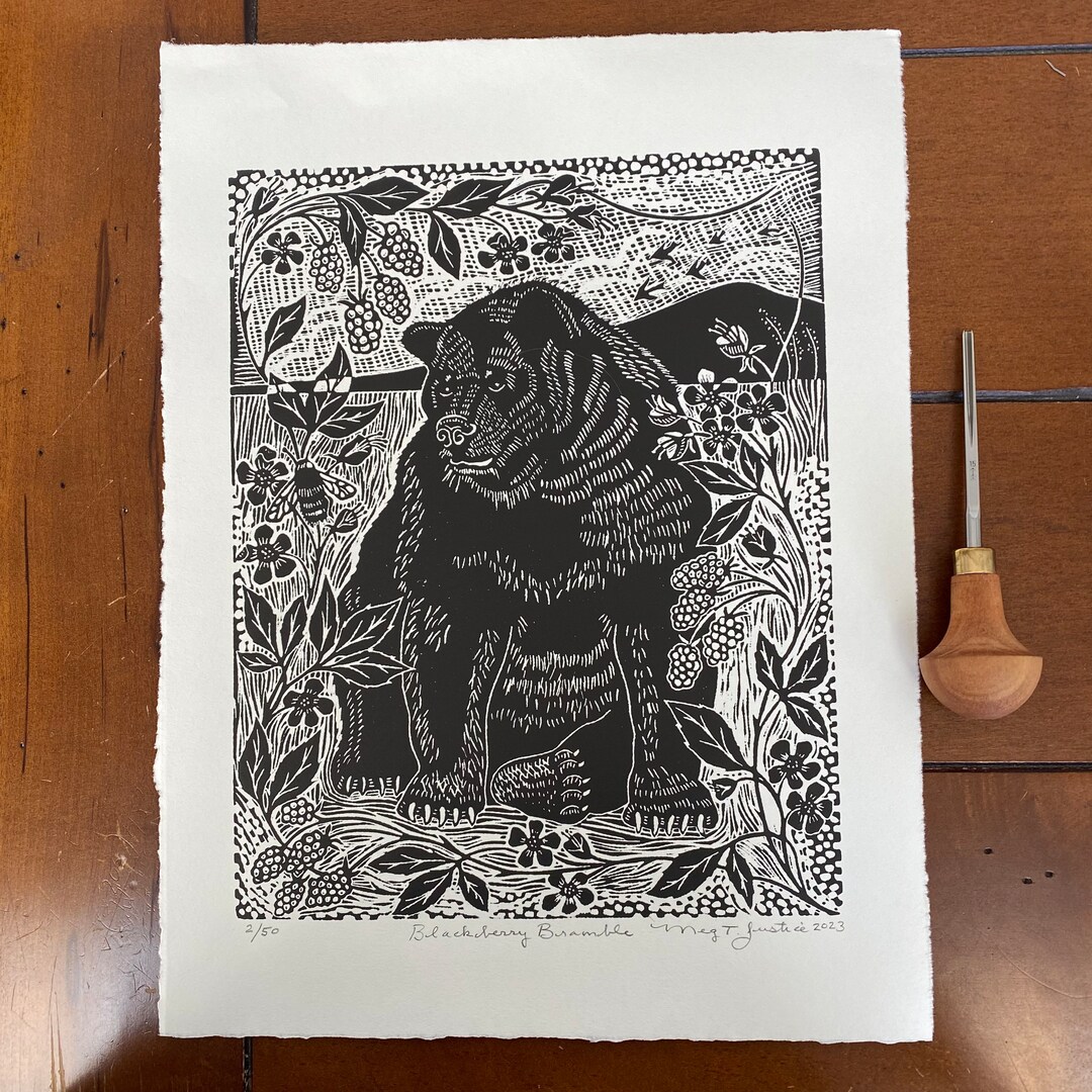 Blackberry Bramble Bear Linocut Print in Black,bear Blockprint,wildlife ...