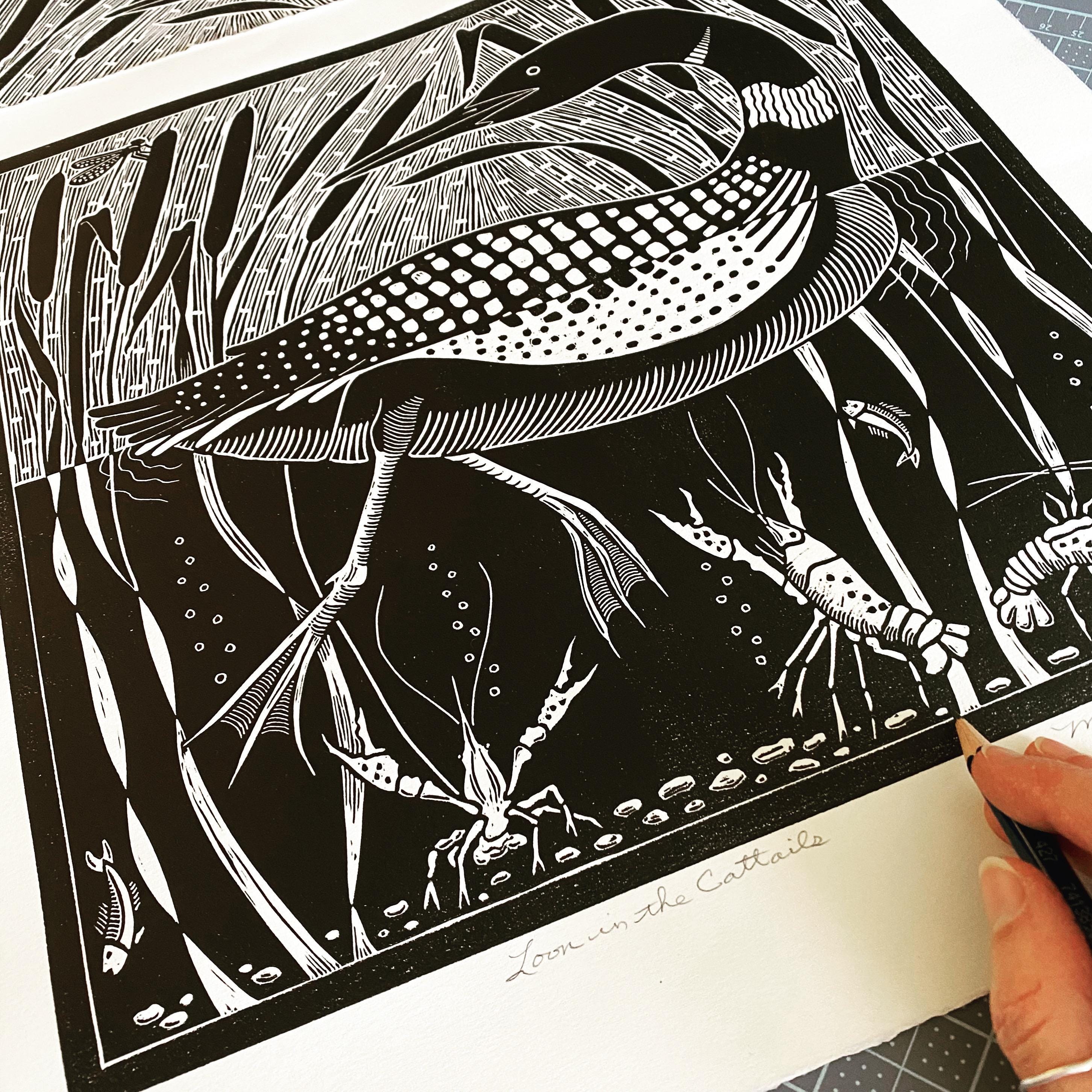 Loon Linocut Print, Black & White Waterbird Art With Cattails and ...