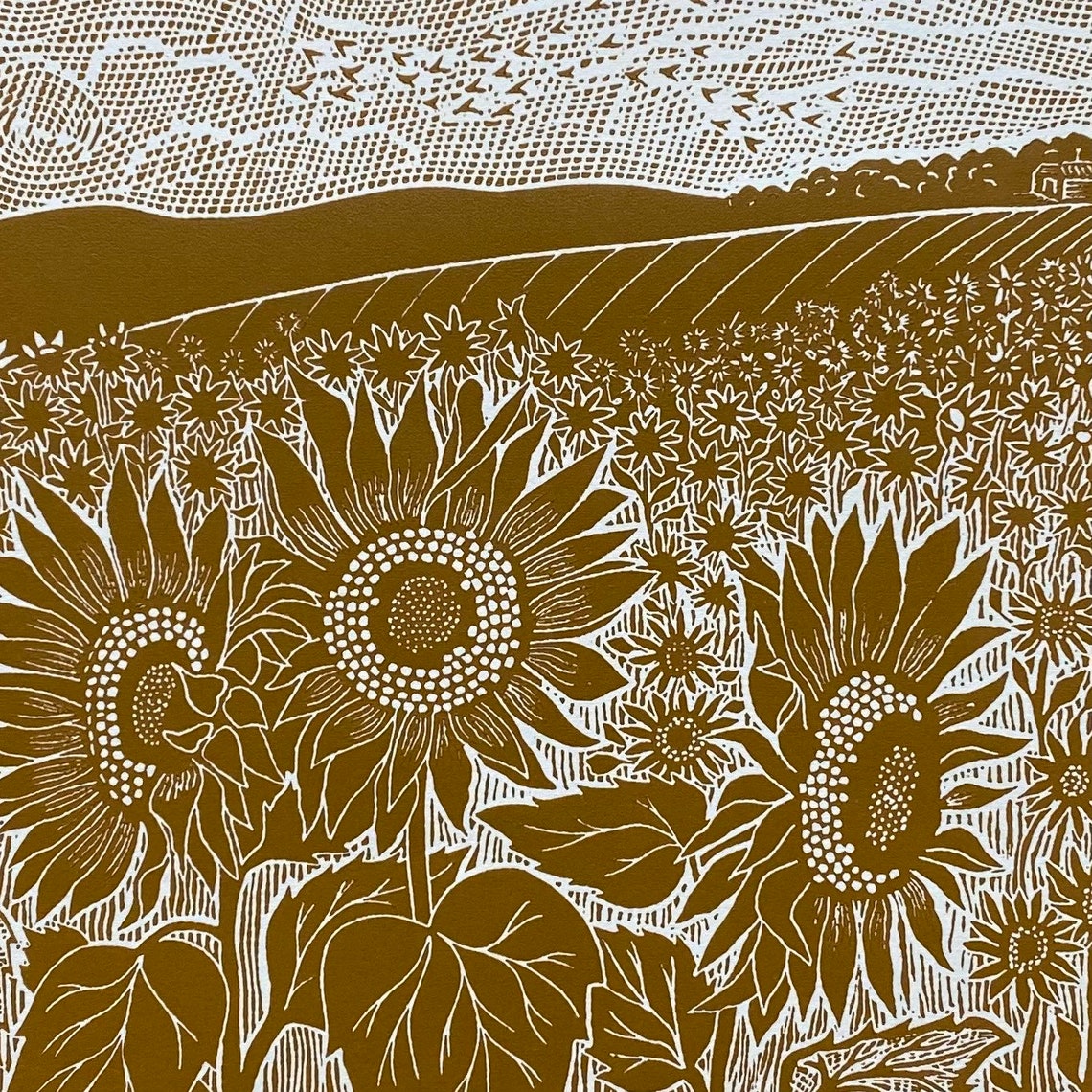 Sunflower Field Linocut Print, Yellow Ochre, Flower Block Print, Signed ...