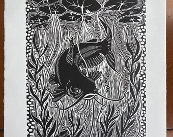 River Keeper Linocut in Blue,underwater River Life , Lino Print Nature ...
