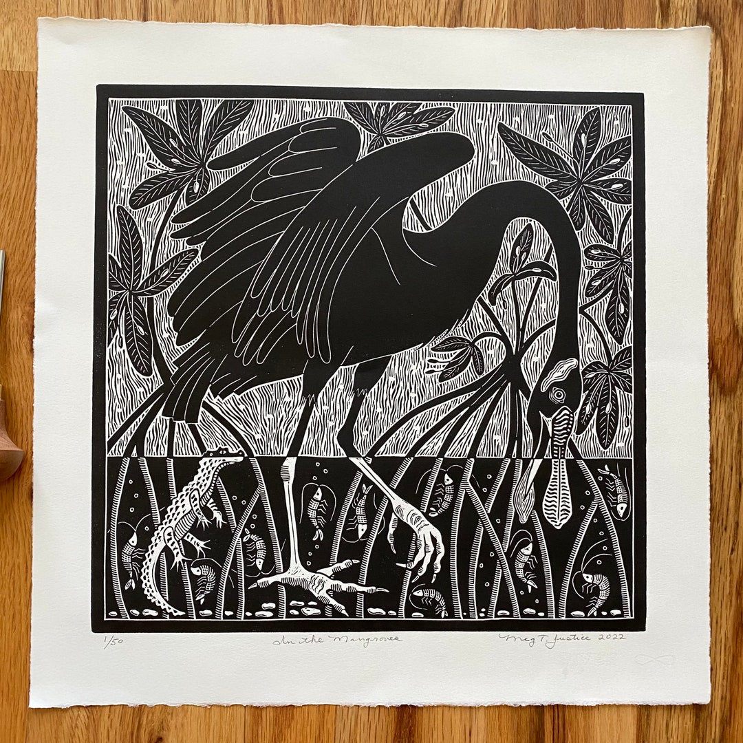 In the Mangroves in Black ,bird Linocut Print,spoonbill Handprinted ...