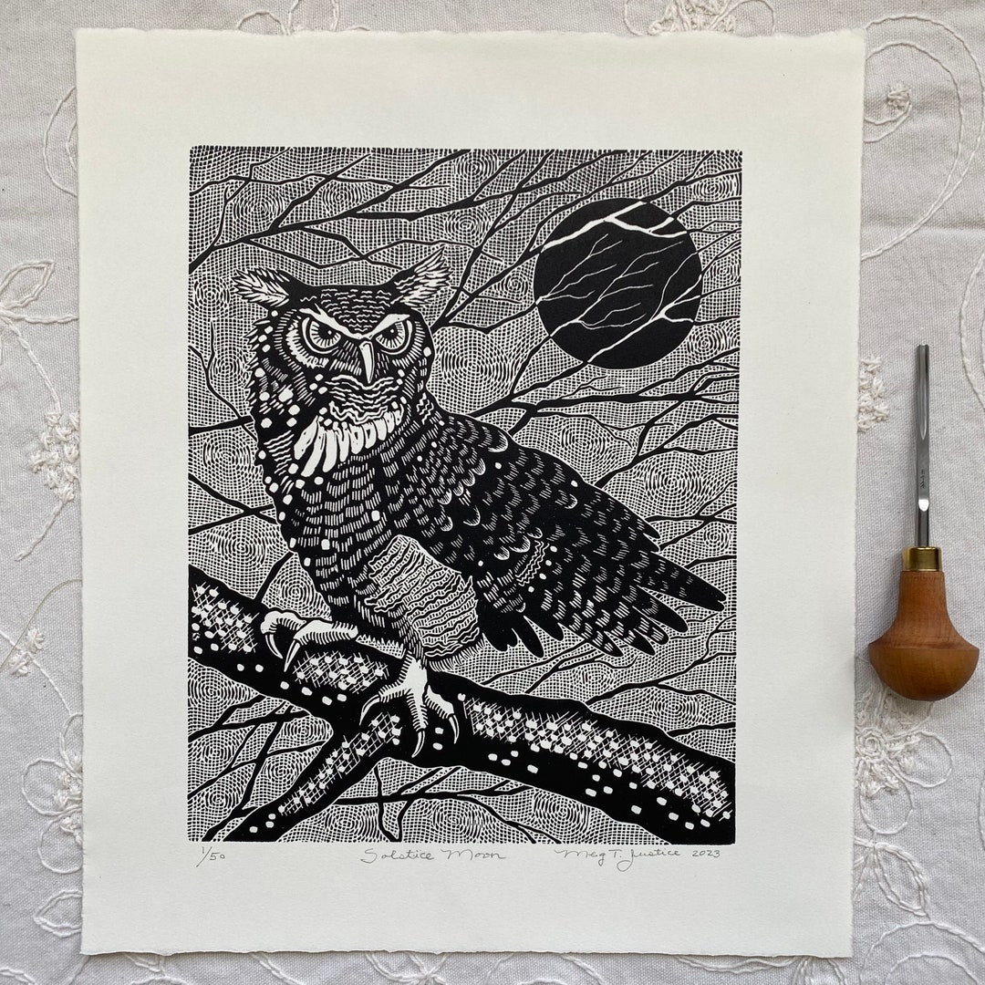 Solstice Moon in Black, Linocut Print,owl Art, Moon Linocut, Wall Art ...