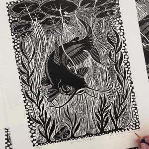 River Keeper Linocut in Black,underwater River Life , Lino Print Nature ...